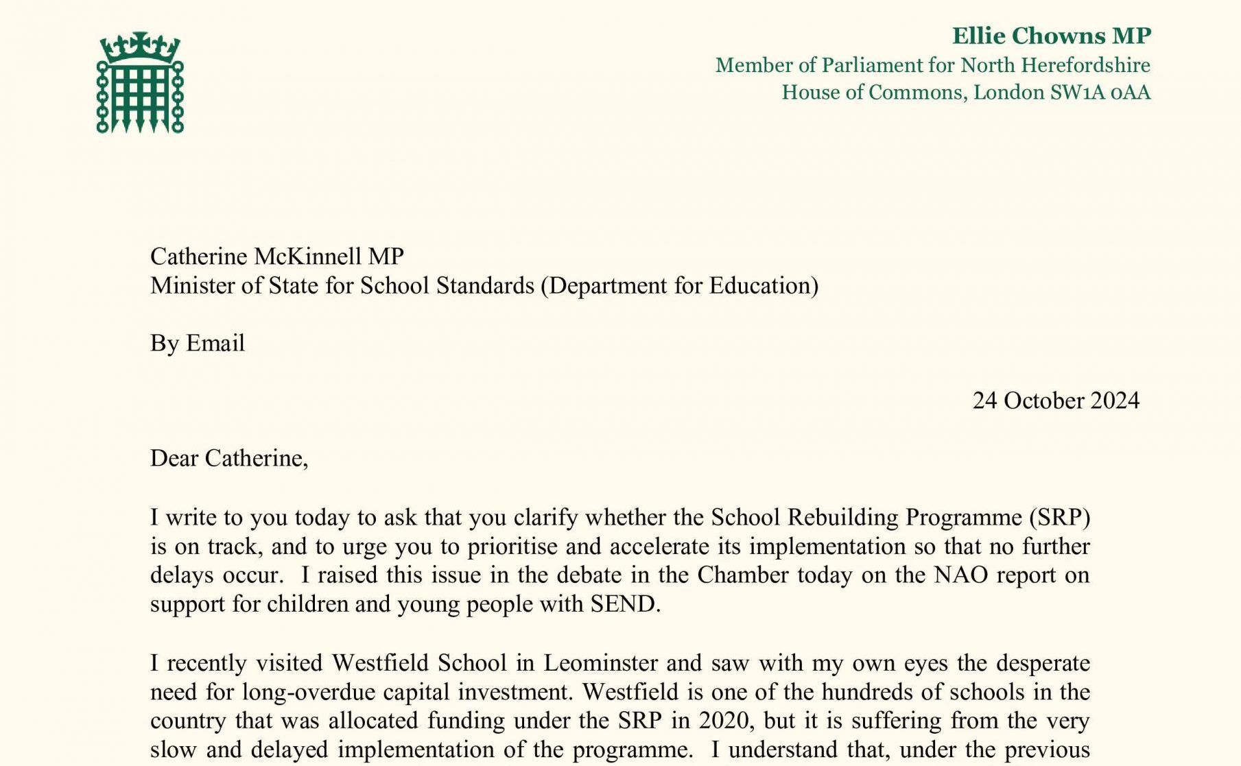 Letter to the Schools Minister - Ellie Chowns MP for North Herefordshire