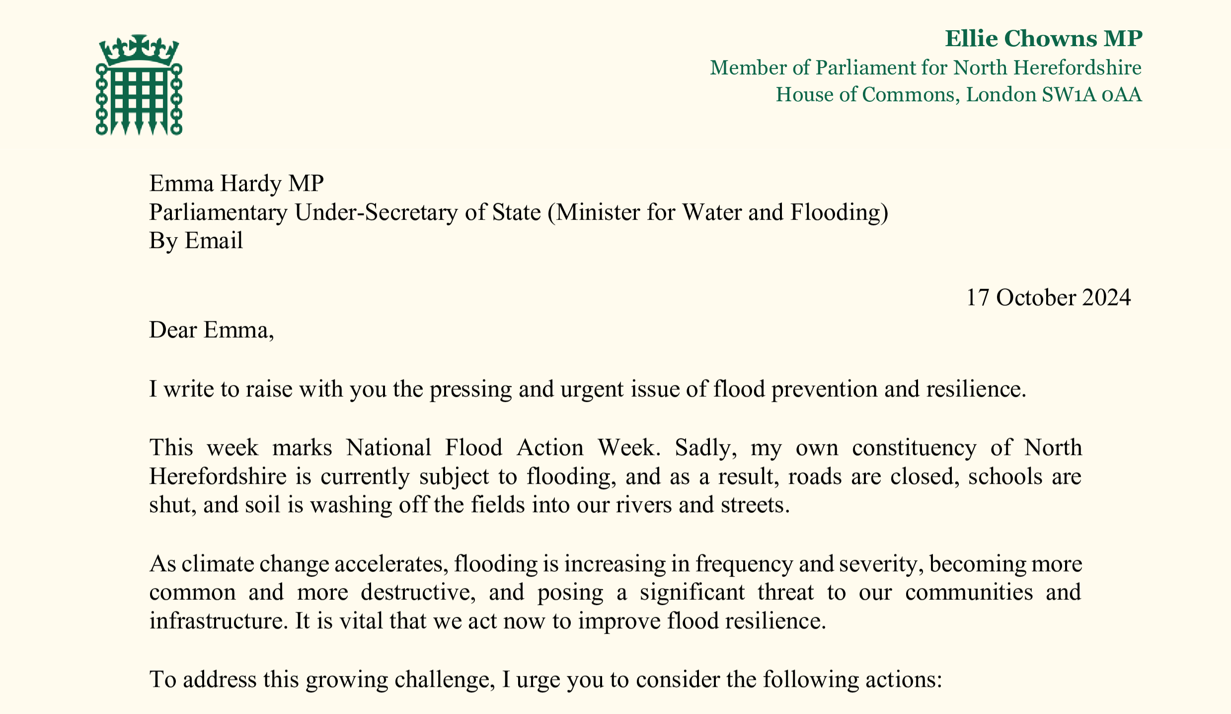 Letter to the Minister for Water and Flooding - Ellie Chowns MP for ...